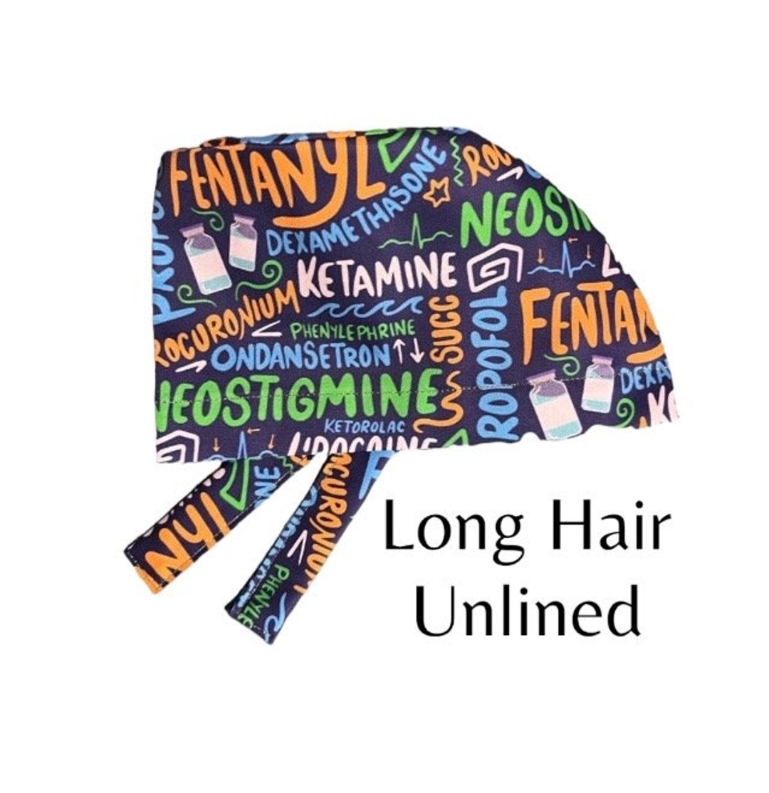 Cute Anesthesia Medications Long Hair Surgical Scrub Cap CRNA Funny OR ...