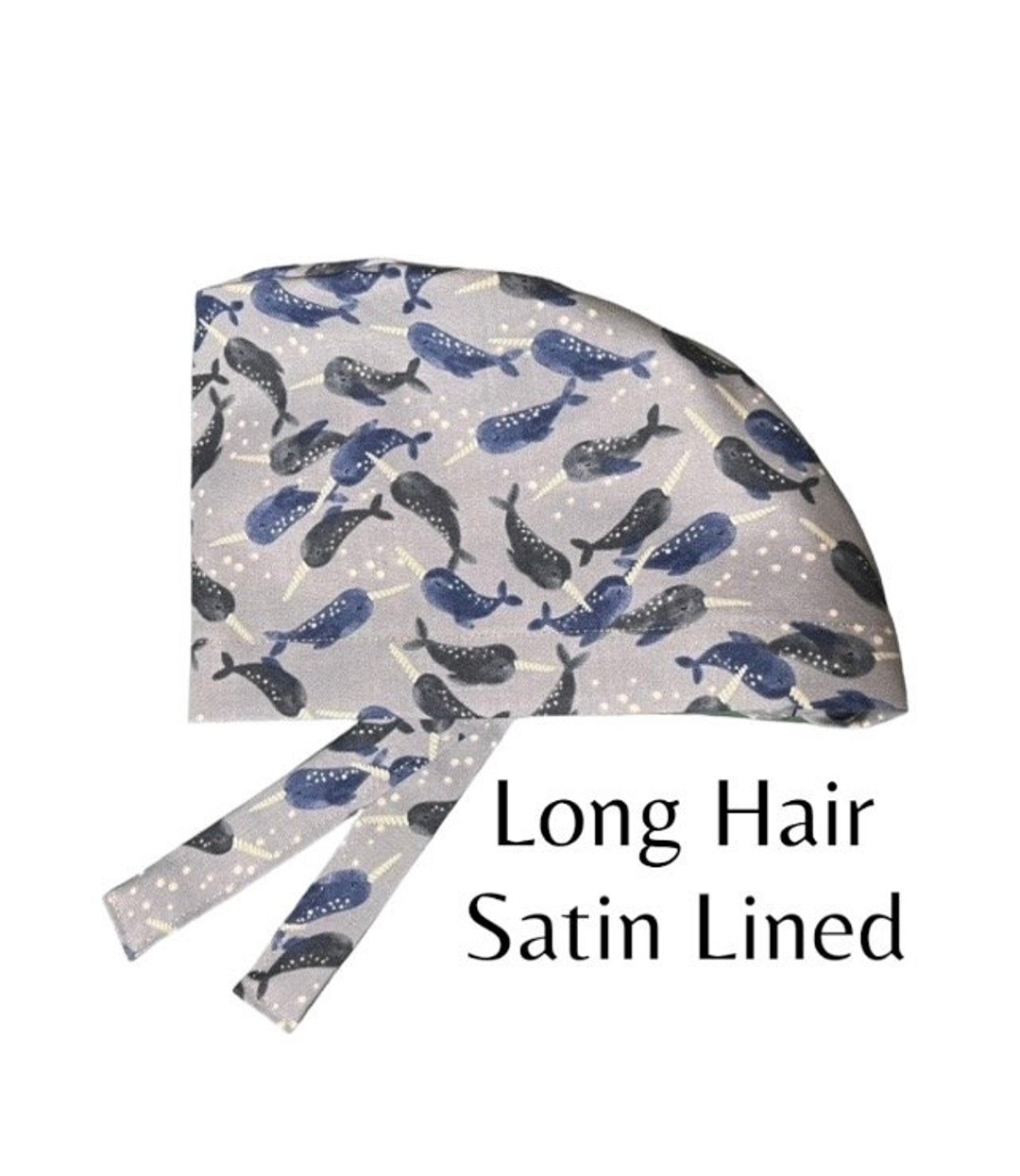 SATIN LINED | Narwhal Ocean Sea Animals Navy Whales Fun Printed Surgical Scrub or Hat Bonnet ...
