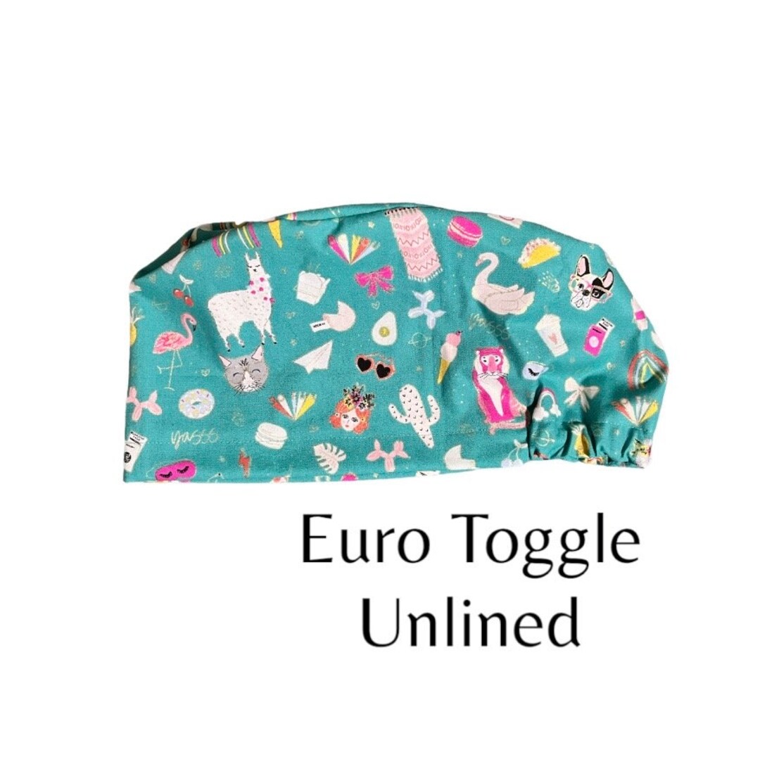 Fun Pink Teal Tigers Llamas Pizza Cactus Euro Toggle Surgical Scrub Cap ...