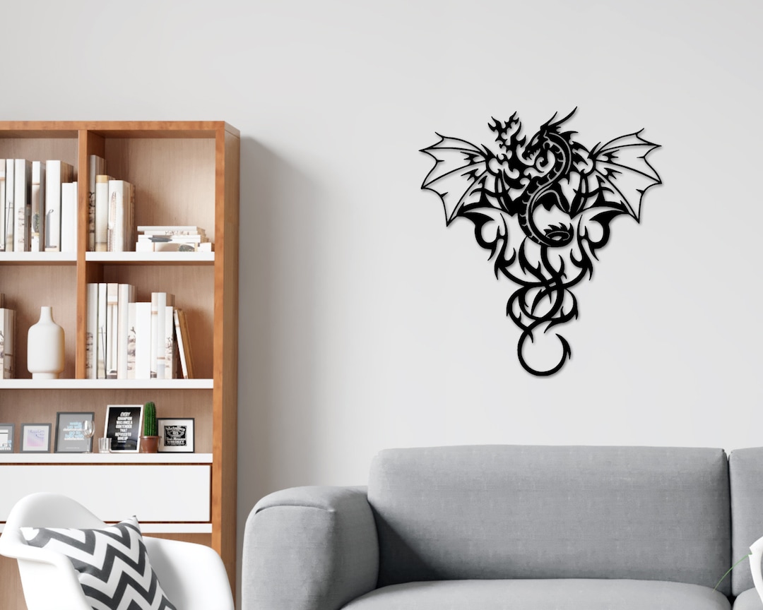 Dragon Metal Sign, Flaming Dragon Decor, Serpent Wall Art, Gaming Metal ...