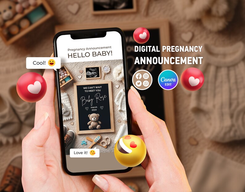 Pregnancy Announcement, Digital Neutral Baby Announcement, Gender ...