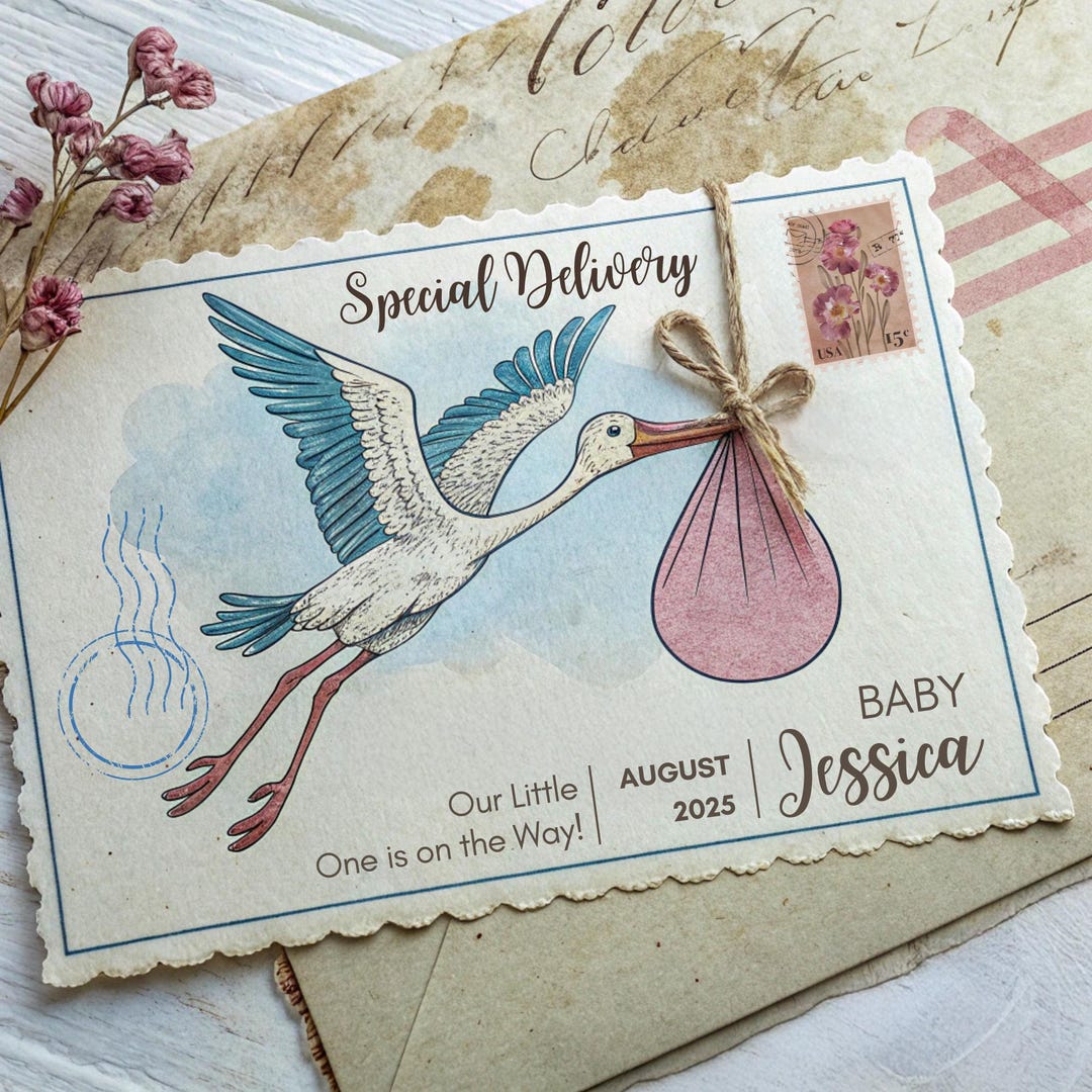 Vintage Stork Pregnancy Announcement, Editable Canva Pregnancy Reveal ...