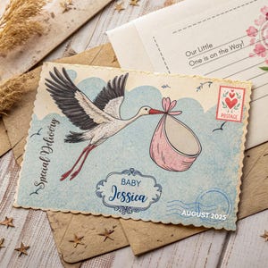 Vintage Stork Pregnancy Announcement, Editable Canva Pregnancy Reveal ...