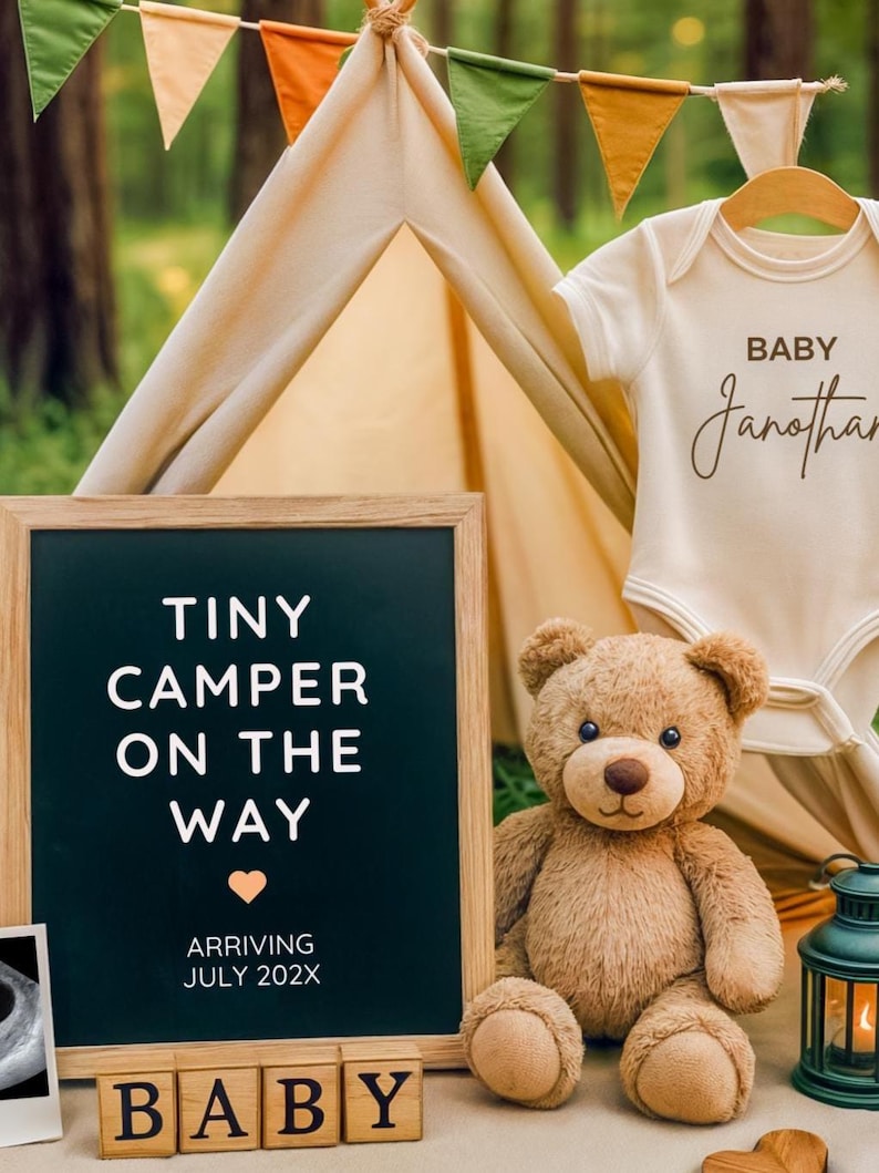 Camping Theme Baby Announcement Canva Template, Editable Rustic Forest ...