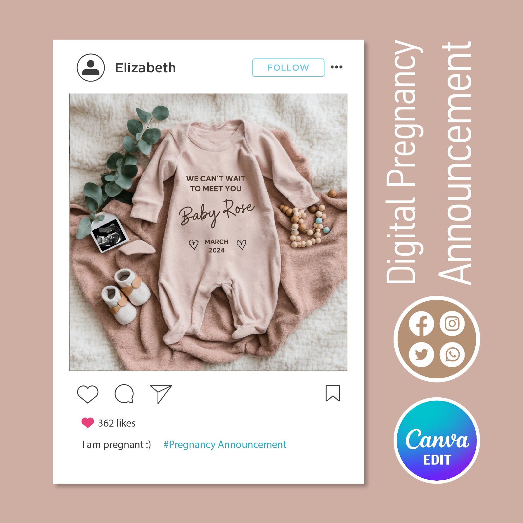 Canva Girl Pregnancy Announcement Template - 'baby Rose' Theme ...