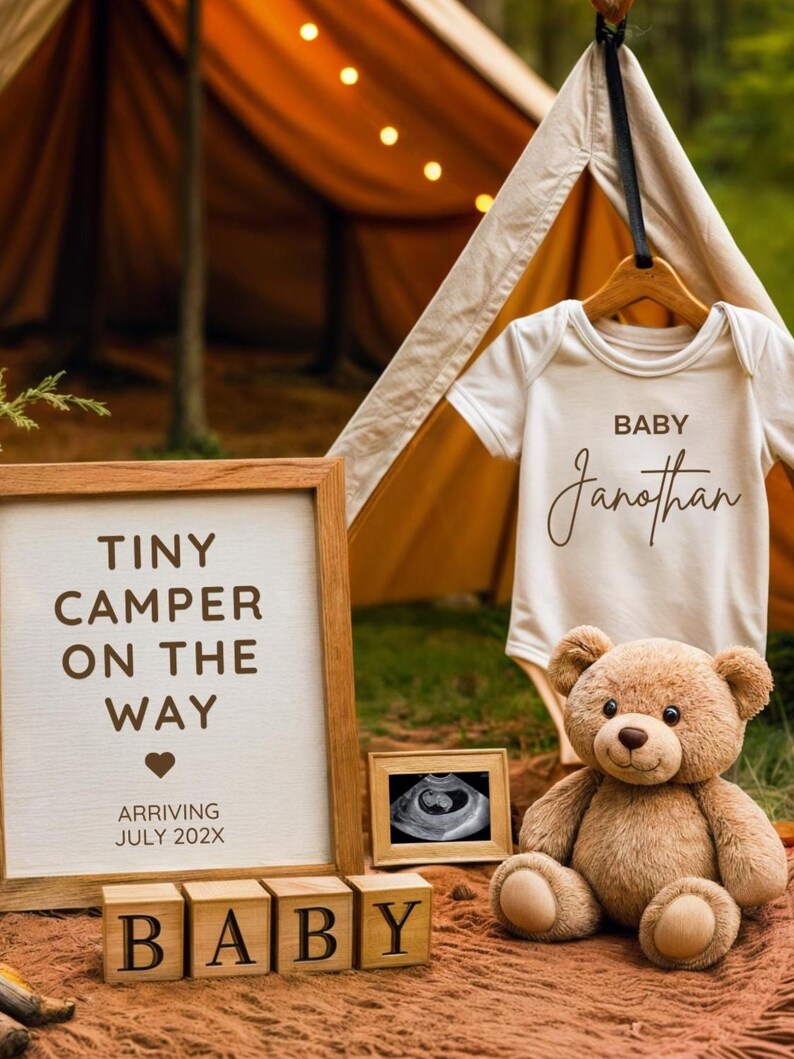 Rustic Camping Baby Announcement, Editable Forest Pregnancy Reveal ...
