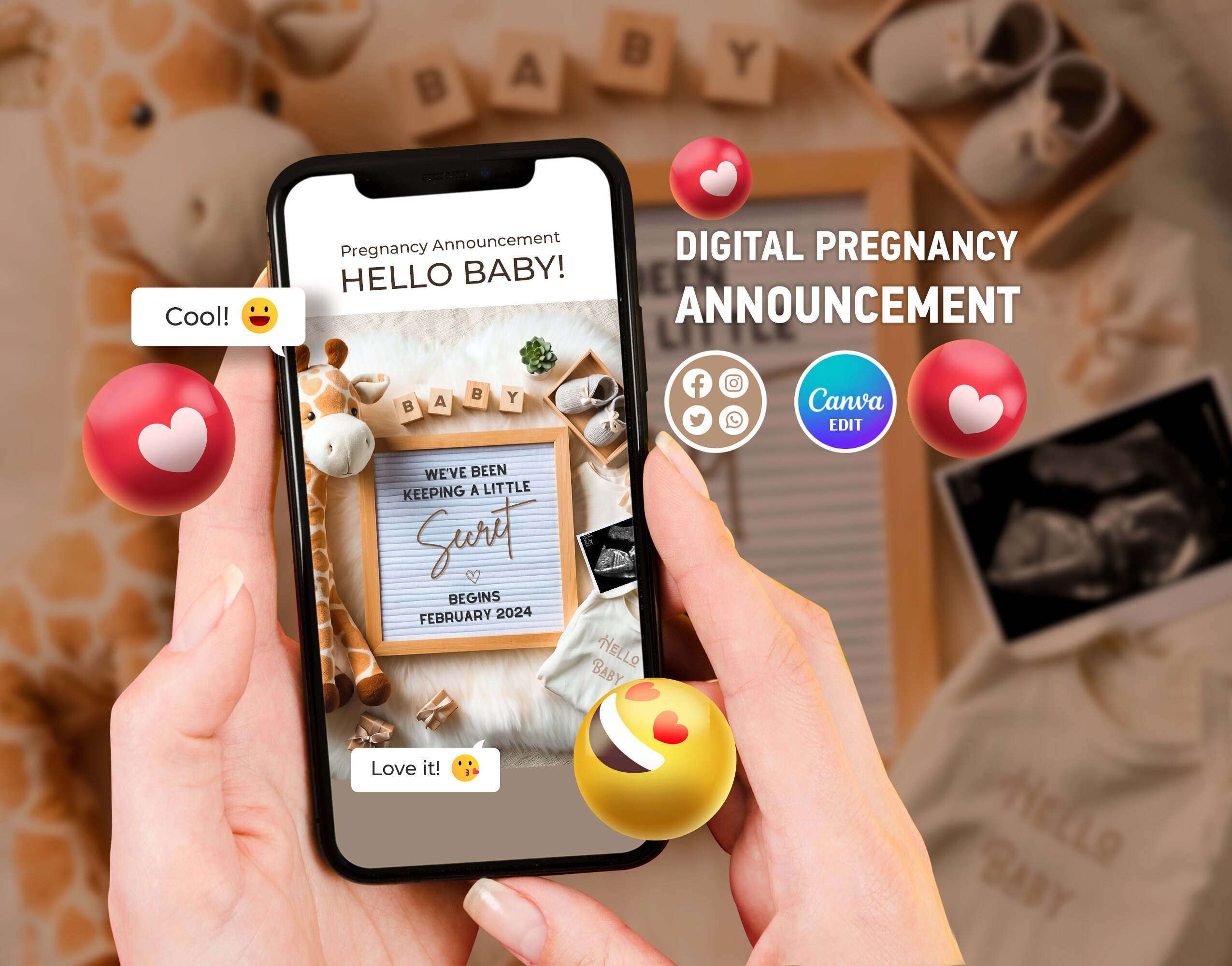 Digital Pregnancy Announcement, Gender Neutral Baby Announcement ...