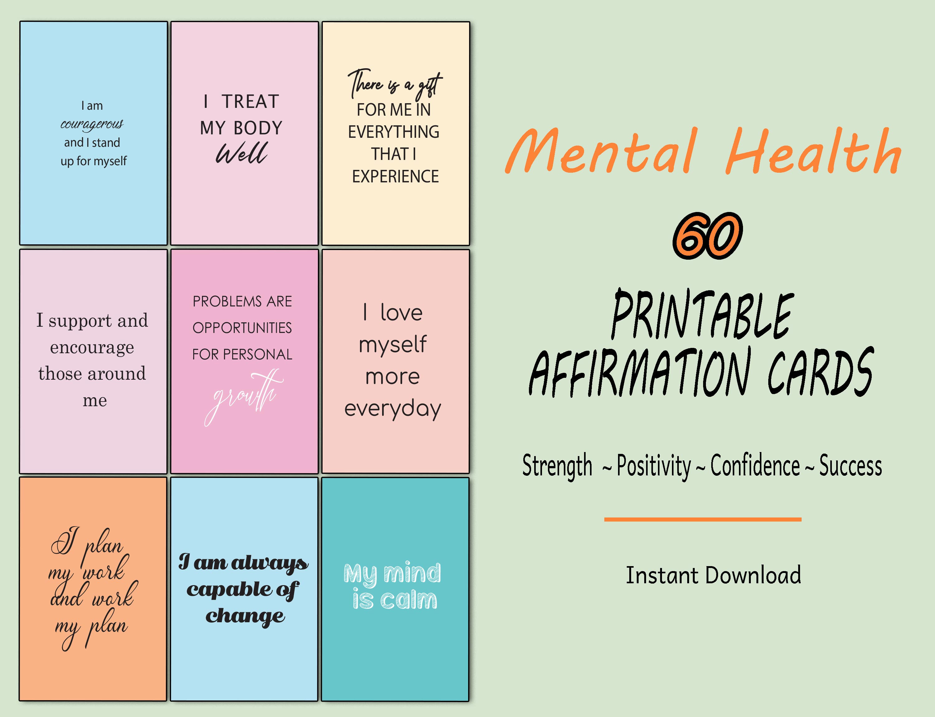 Set of 60 Mental Health Affirmation Printable Cards | Etsy