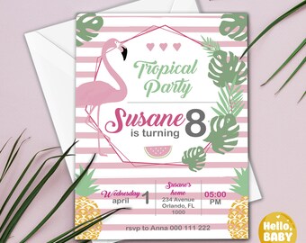 Tropical Birthday Invitation Pineapple and Flamingo - Etsy