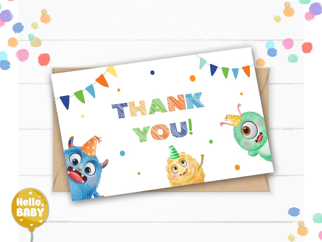 Monster Birthday Thank You Card Little Monster Birthday - Etsy