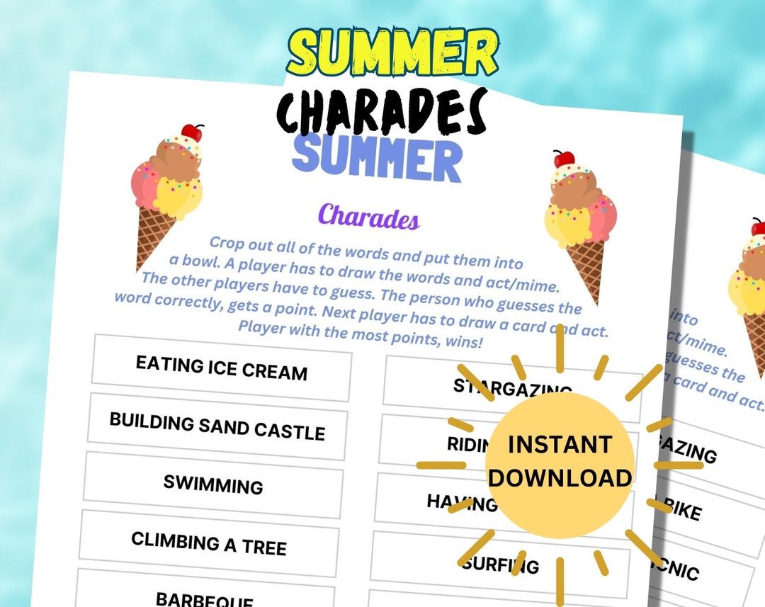 Printable Summer Charades Game | Summer Activity for Kids and Adults ...