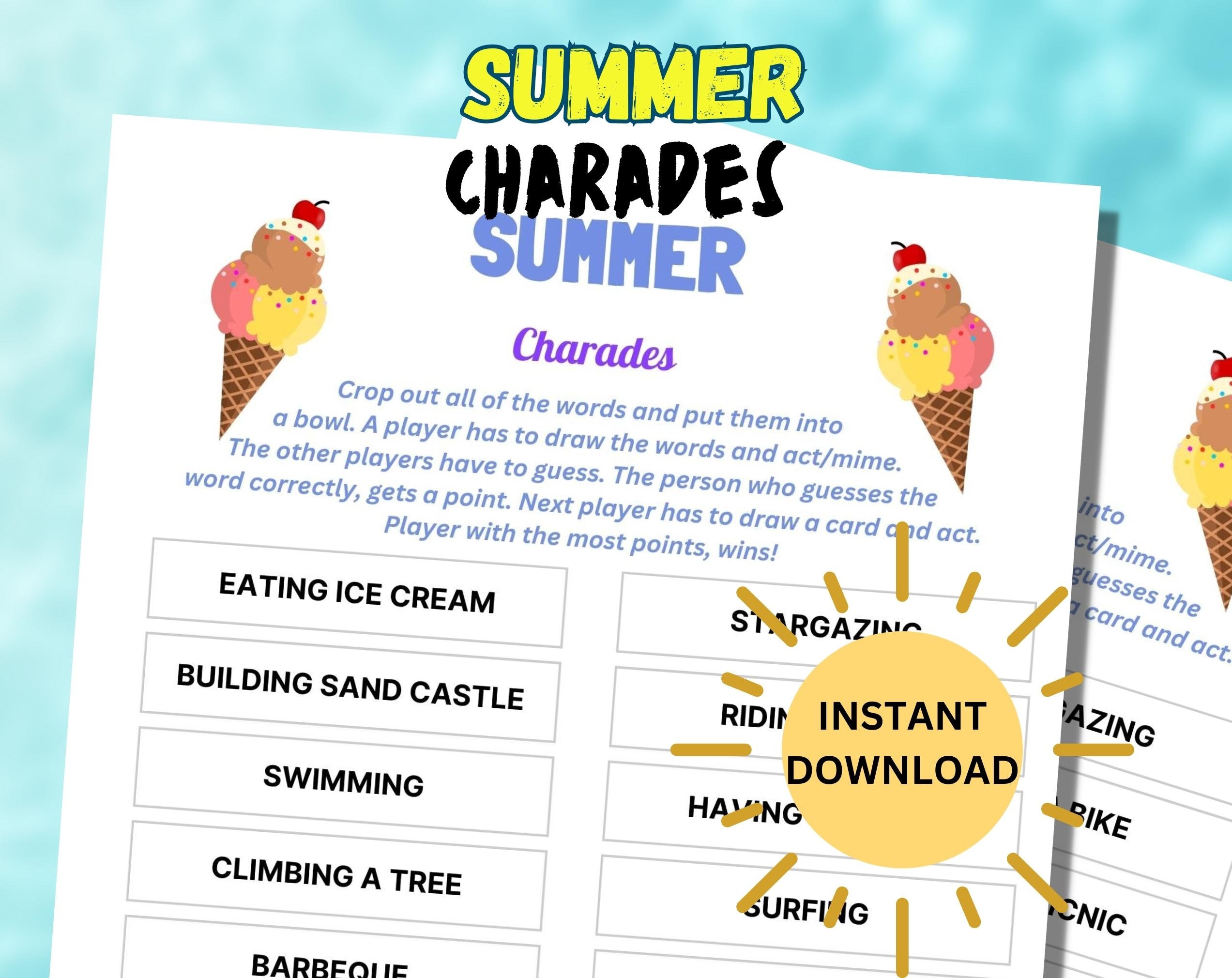 Printable Summer Charades Game Summer Activity for Kids and Adults ...