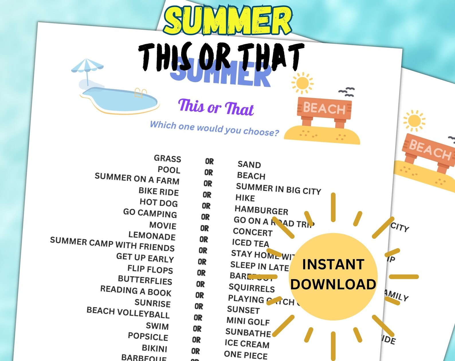 Printable Summer This or That | Summer Activity for Kids and Adults ...