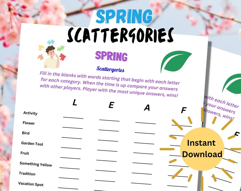 Printable Spring Scattergories Game Spring Activity for Kids - Etsy