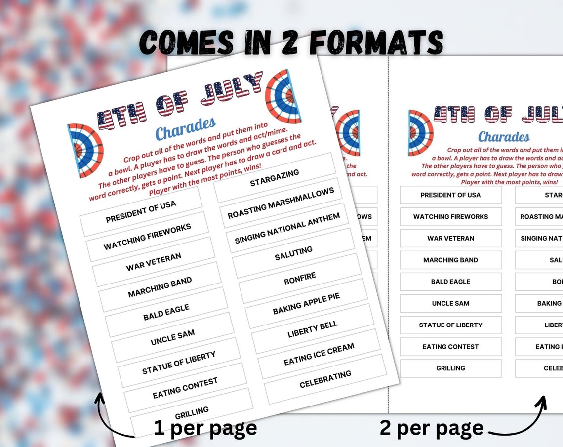 Printable 4th of July Charades Game | Fourth of July Activity for Kids ...