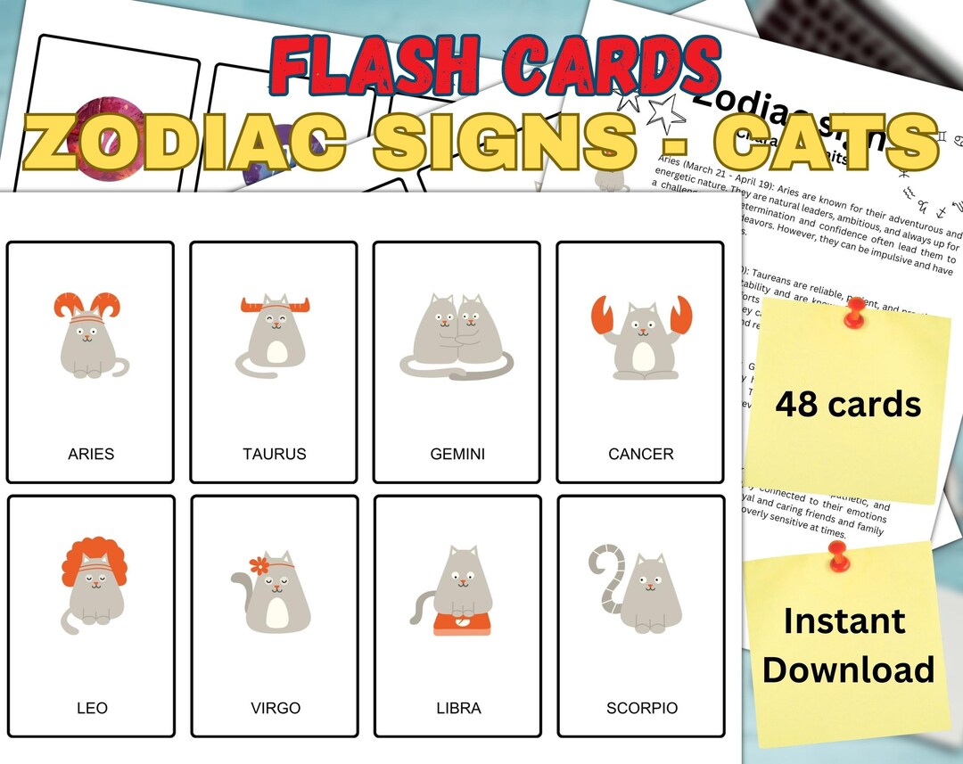 Printable Cute Funny Zodiac Cat Signs Flash Cards Montessori - Etsy