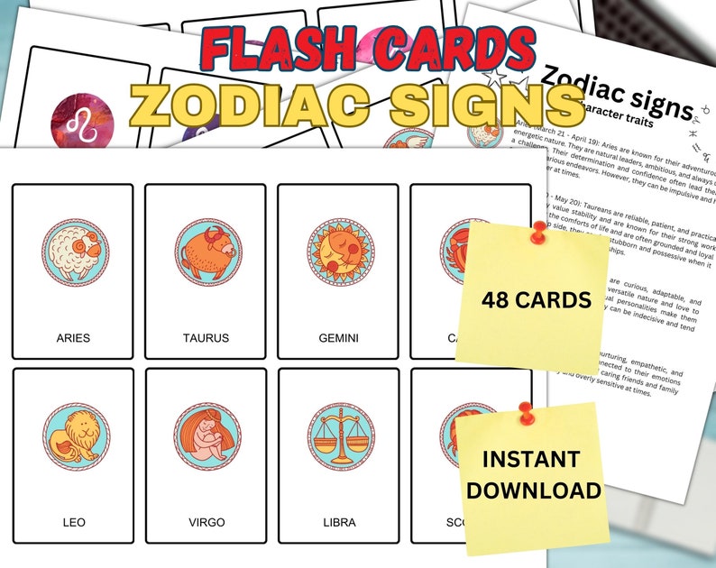 Printable Cartoon Zodiac Signs Flash Cards | Montessori Cards | 48 ...