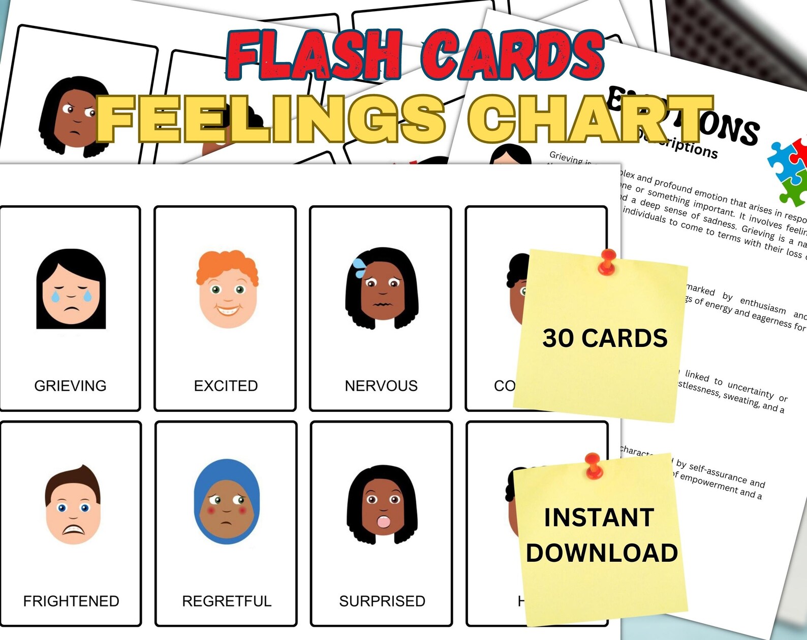 Printable Feelings Chart Flash Cards | Montessori Cards | 30 ...
