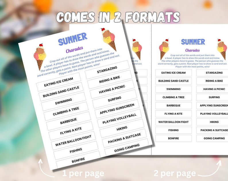 Printable Summer Charades Game Summer Activity for Kids and Adults ...