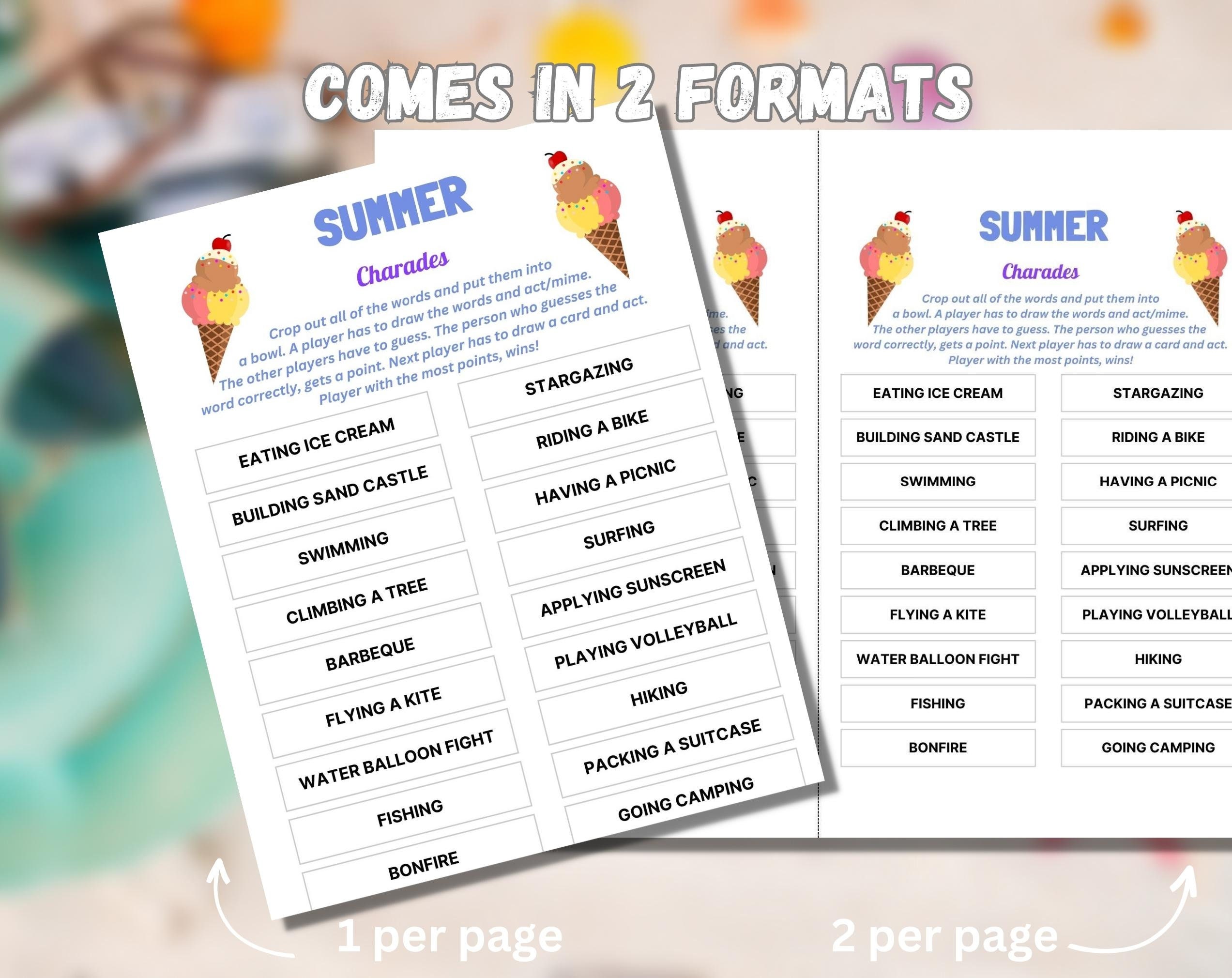 Printable Summer Charades Game Summer Activity for Kids and Adults ...