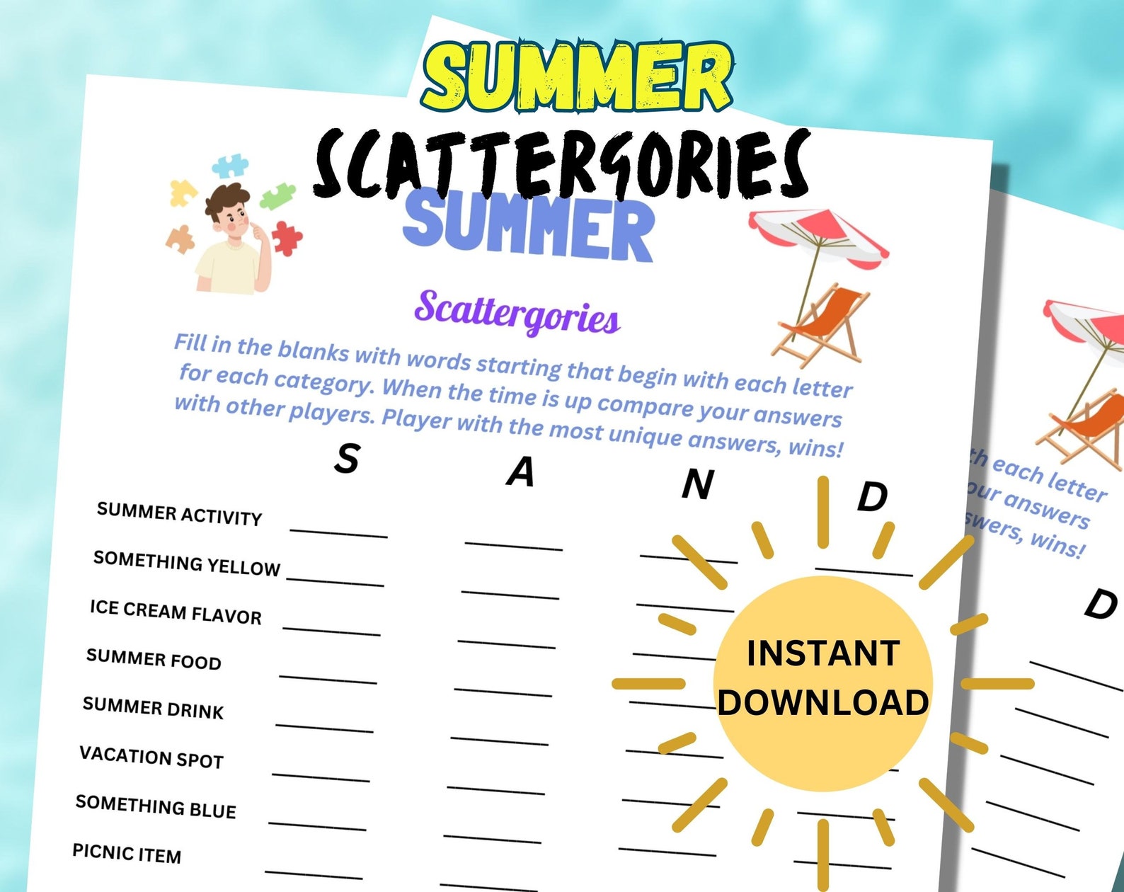 Printable Summer Scattergories Game Summer Activity for Kids and Adults ...