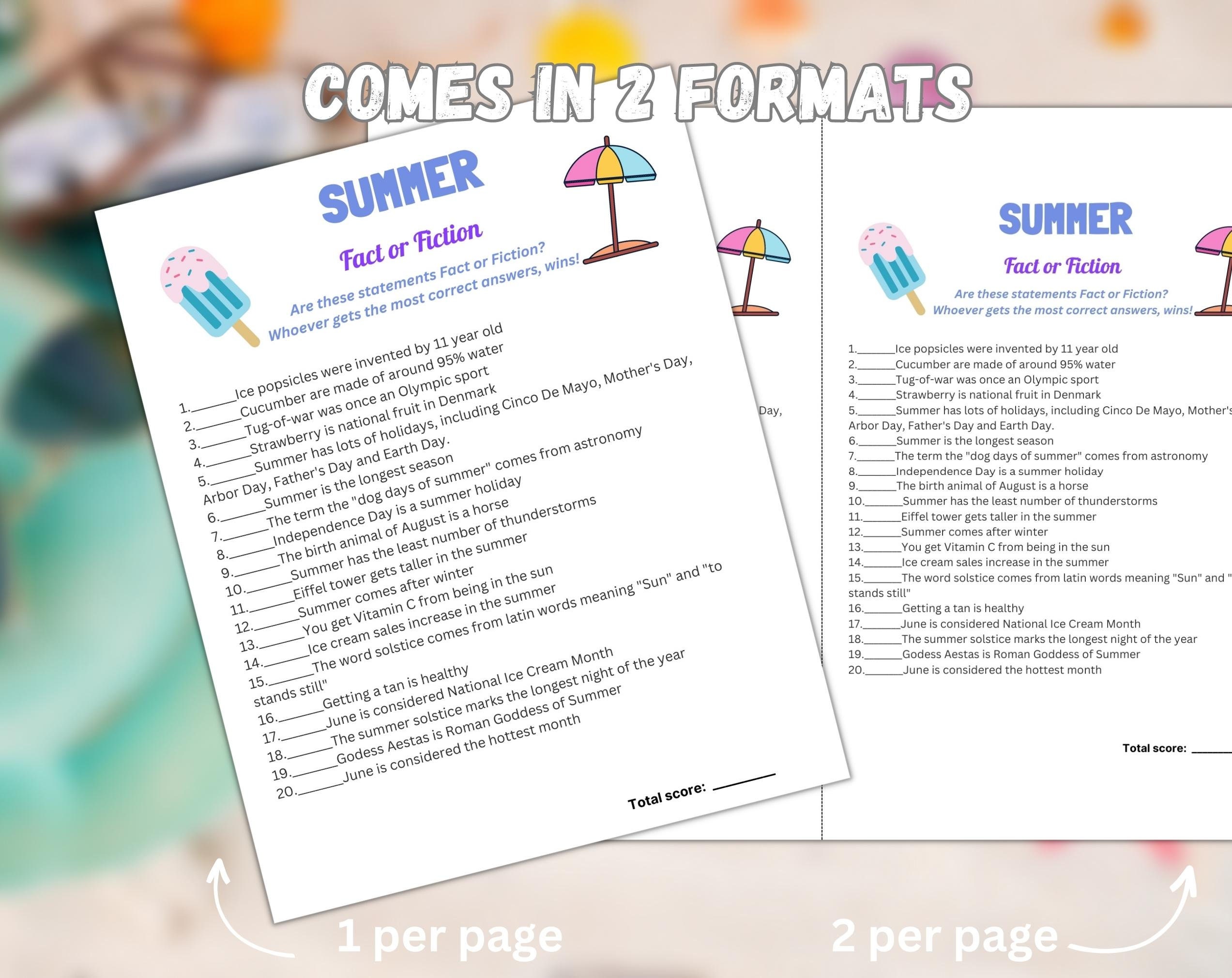 Printable Summer Fact or Fiction Game | Summer Activity for Kids and ...