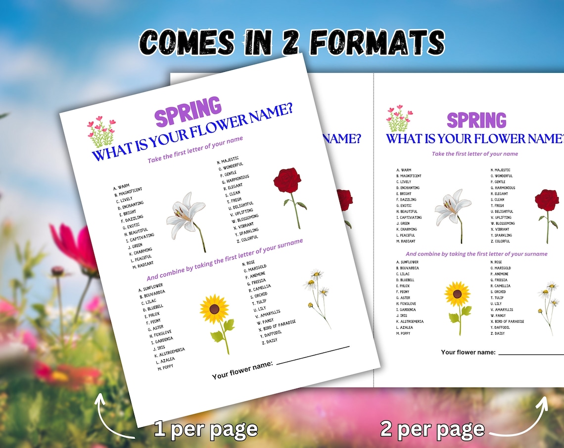 What is Your Flower Name Game | Kids & Adults Printable Party Activity ...