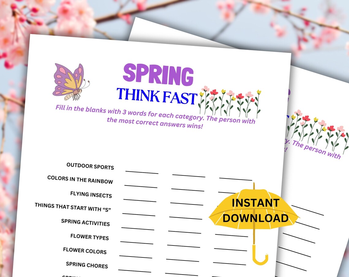 Printable Spring Think Fast Game for Kids Spring Party Game Children ...