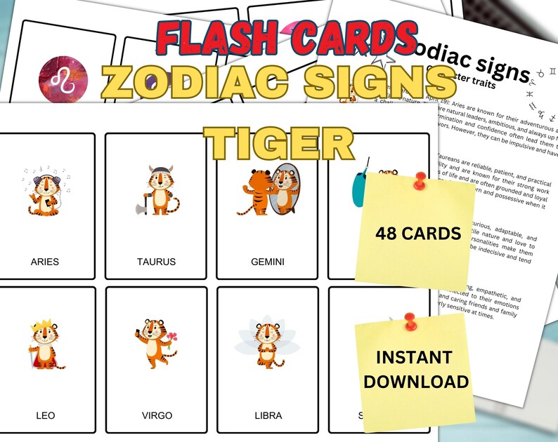 Printable Cute Tiger Zodiac Signs Flash Cards | Montessori Cards | 48 ...