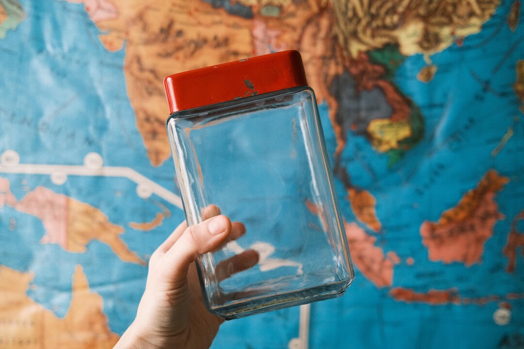 Glass Anchor Hocking Canister With Red Metal Lid / Dry Goods Storage ...