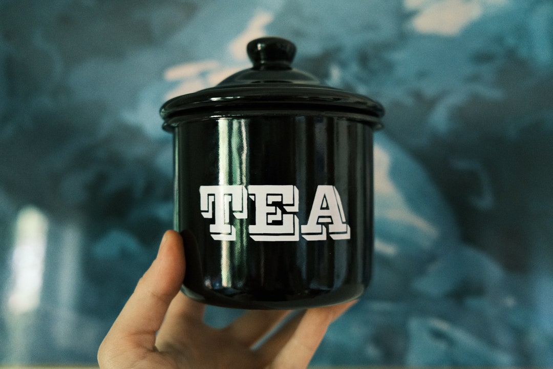 Black Enamel Tea Canister With Lid / Small Metal Tea - Etsy