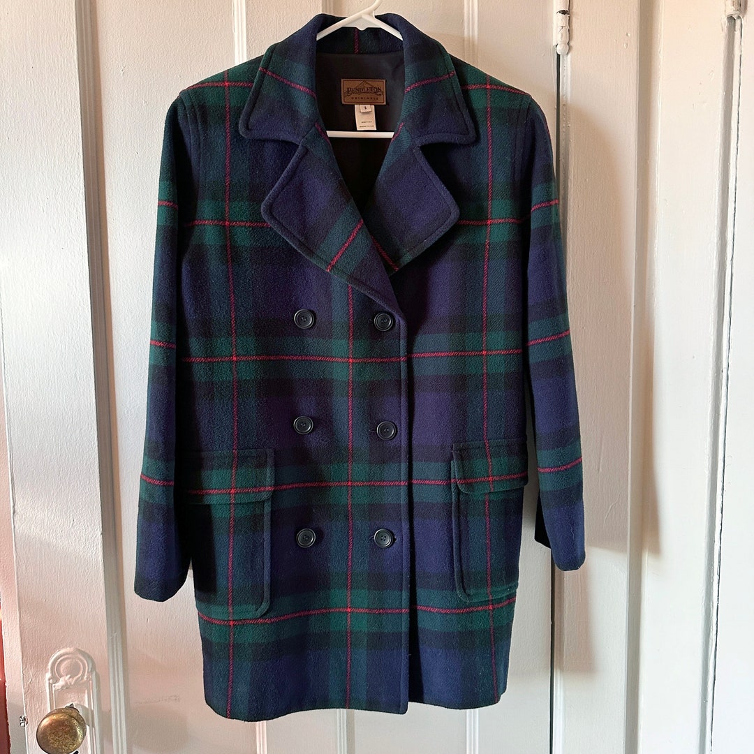 Vintage Pendleton Wool Green Tartan Plaid Double Breasted Peacoat / 100 ...