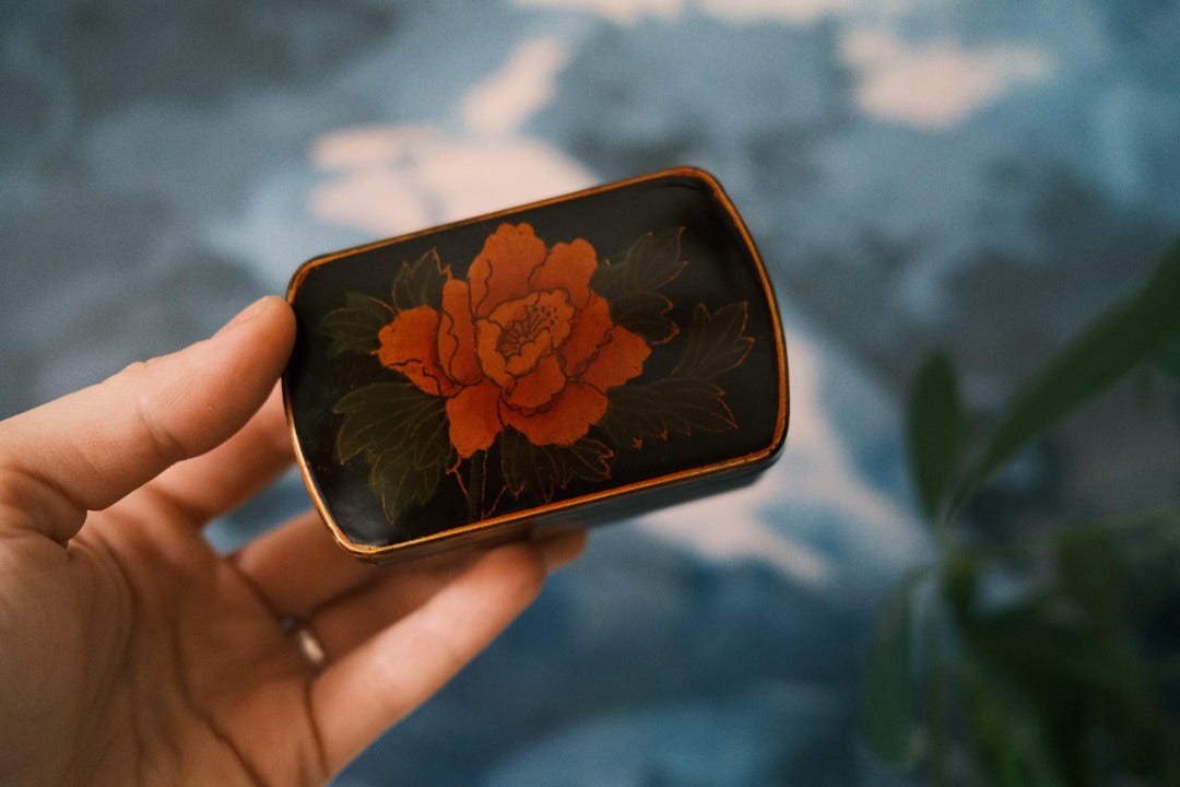 Vintage Petite Lacquered Plastic Hand-painted Box With A Flower on the ...