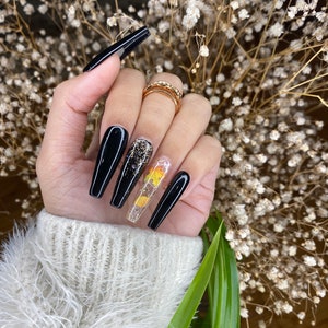 Black Fall Nails Design Coffin Press on Nails With Glitter Shine Cute Press on Nails False Nails Glue on Nails Glitter Nails Etsy