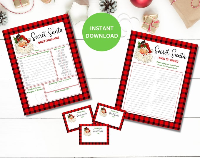 Printable Secret Santa Questionnaire, Sign up Sheet and Drawing Cards ...