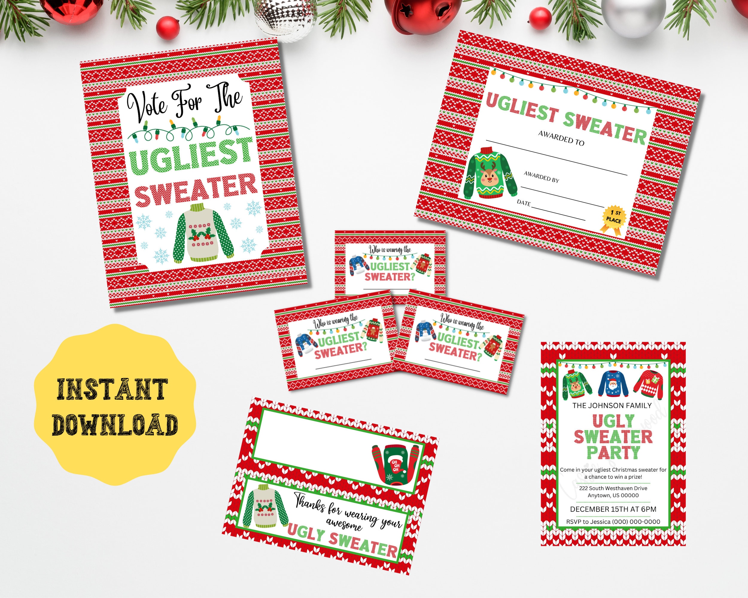 Editable Ugly Sweater Party Invite, Printable Voting Set, Treat Bag ...