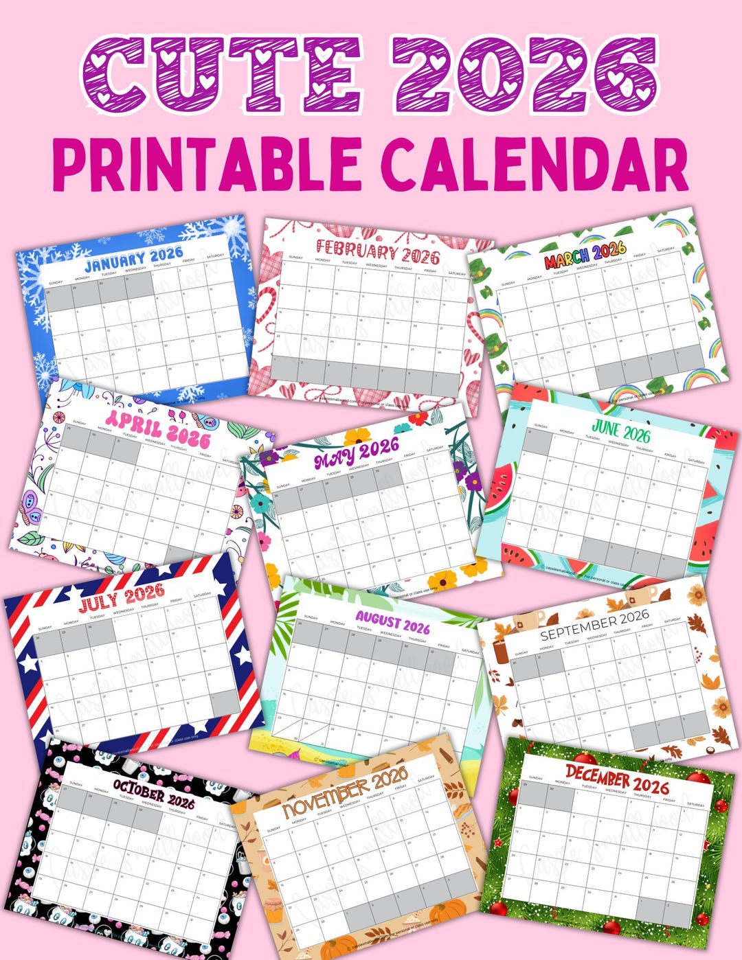 Cute Printable 2026 Monthly Wall Calendar With Holidays, Kids School ...
