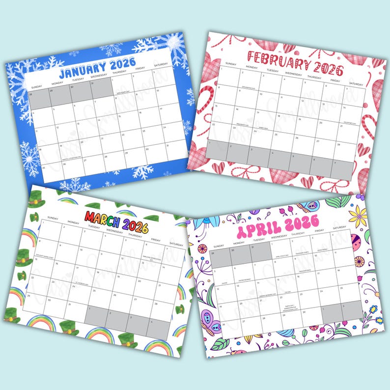 Cute Printable 2026 Monthly Wall Calendar With Holidays, Kids School ...