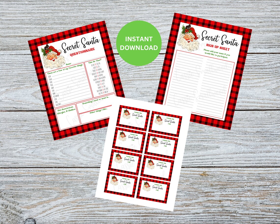 Printable Secret Santa Questionnaire, Sign up Sheet and Drawing Cards ...