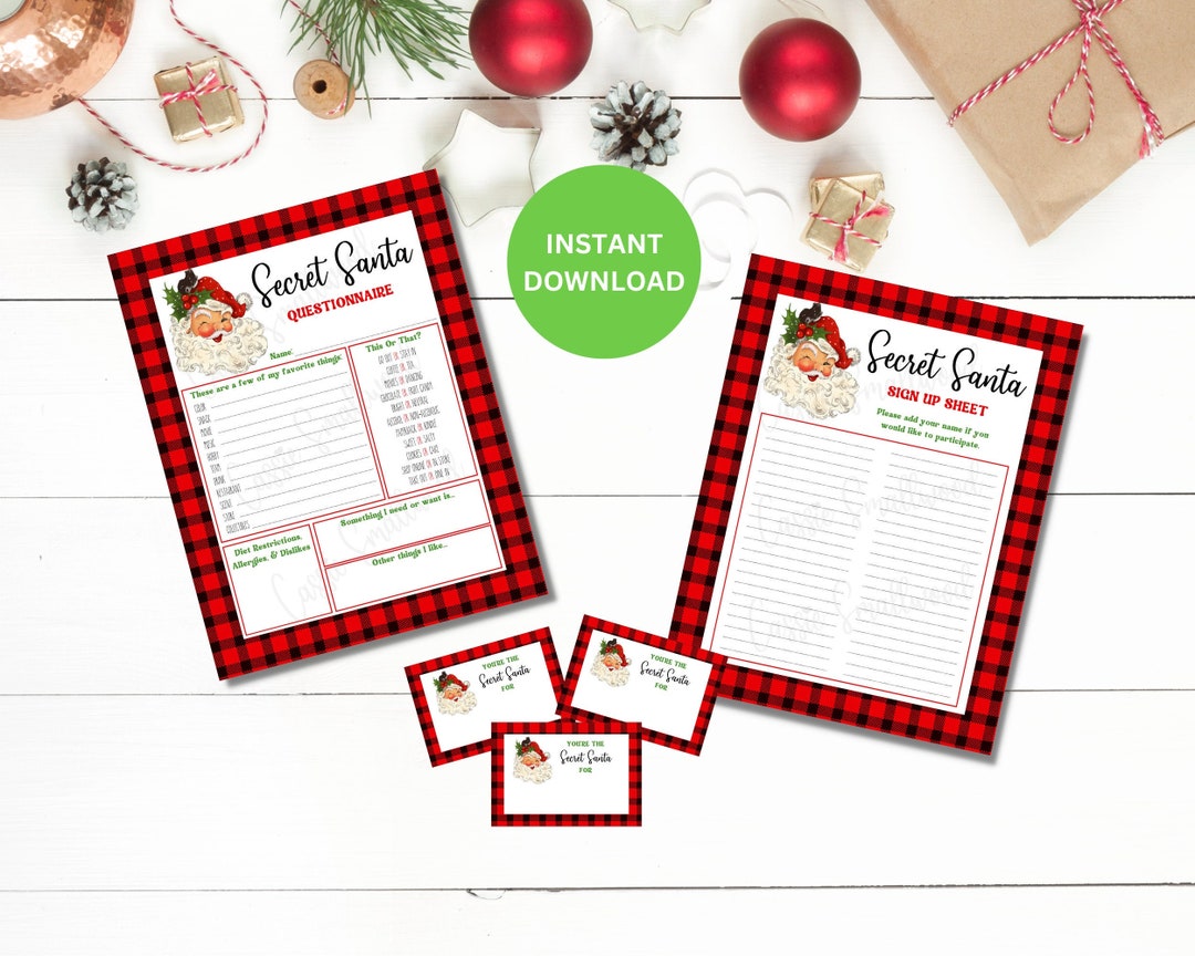 Printable Secret Santa Questionnaire, Sign up Sheet and Drawing Cards ...