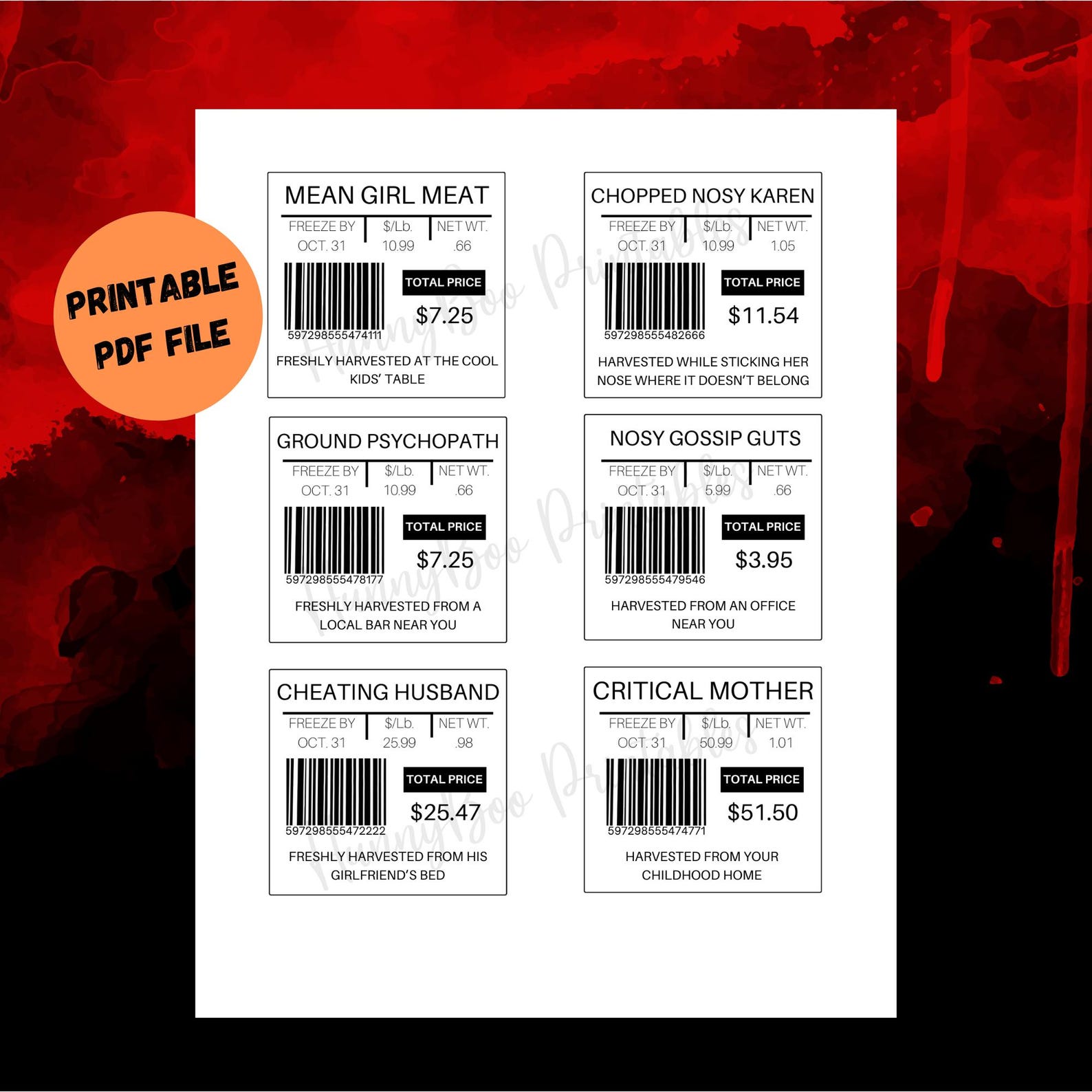 Halloween Meat Labels Printable, Fake Meat Labels to Print, Rice Crispy ...