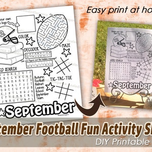 September Football Fun Activity Sheet, Fall Kids Activities, Fall ...