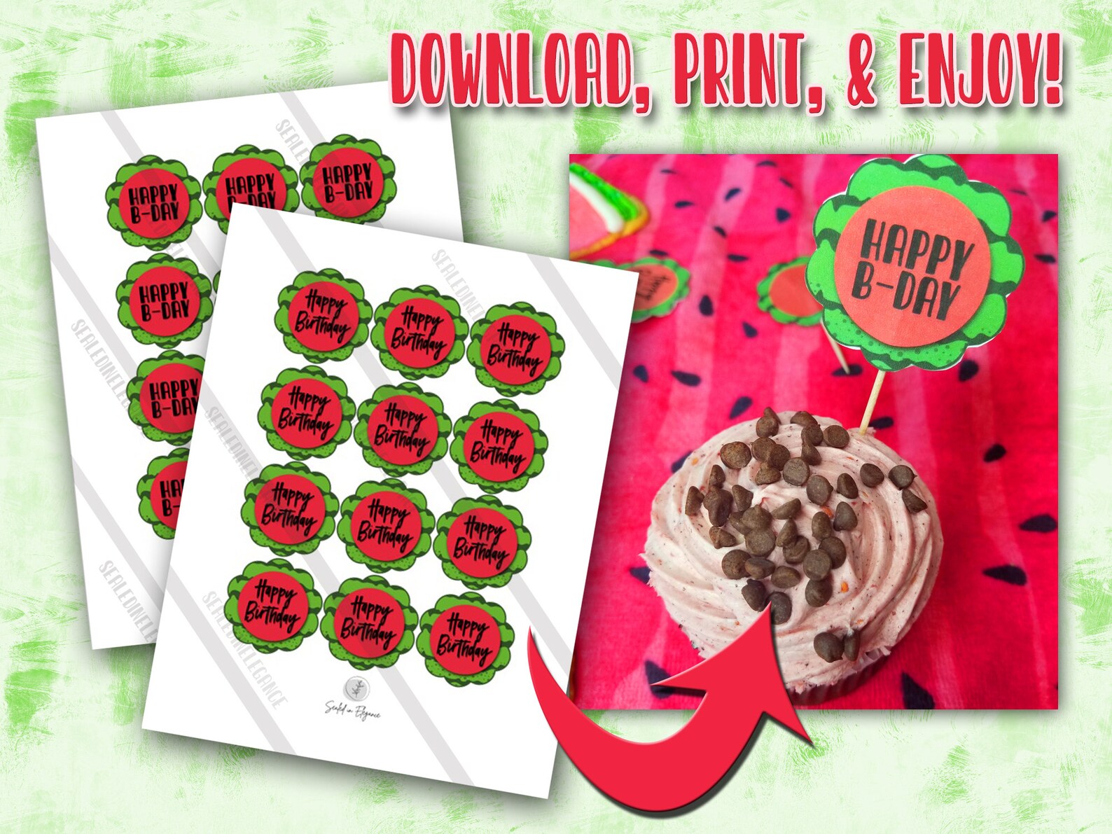 Watermelon Birthday Cupcake Toppers, Printable Cupcake Toppers, PDF ...