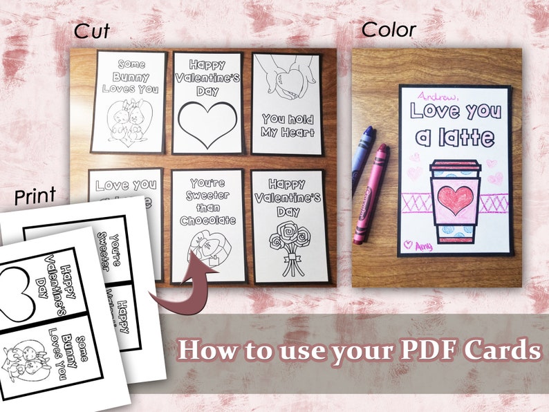 Color-me Valentine's Day Cards, PDF, DIY Valentines, Kids Crafts ...