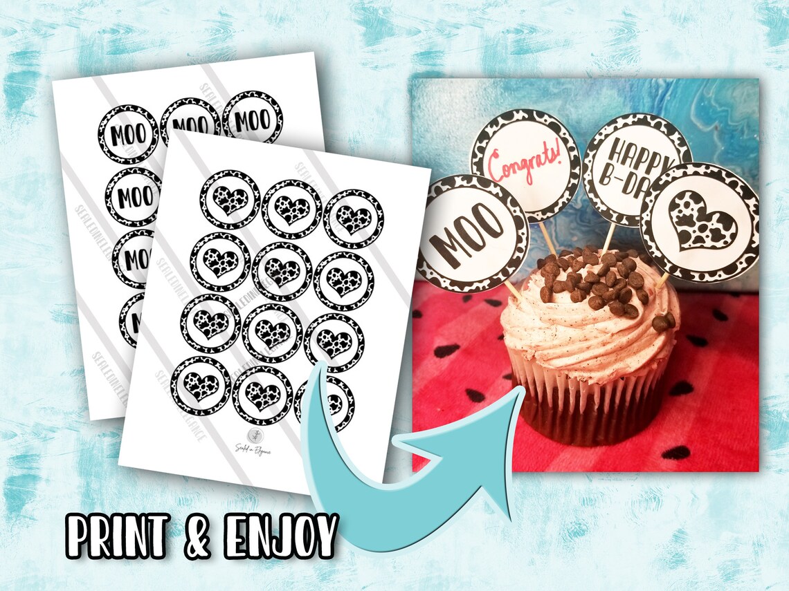 Cow Print Cupcake Toppers, Printable Birthday Cupcake Toppers, PDF, Cow ...