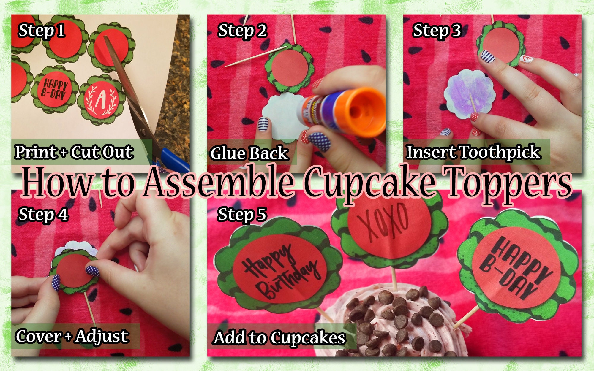 Watermelon Birthday Cupcake Toppers, Printable Cupcake Toppers, PDF ...