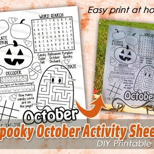 October Spooky Activity Sheet, Fall Kids Activities, Halloween ...