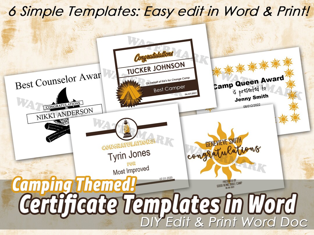 Camping Summer Themed Certificate Award Word Doc Templates, Word ...