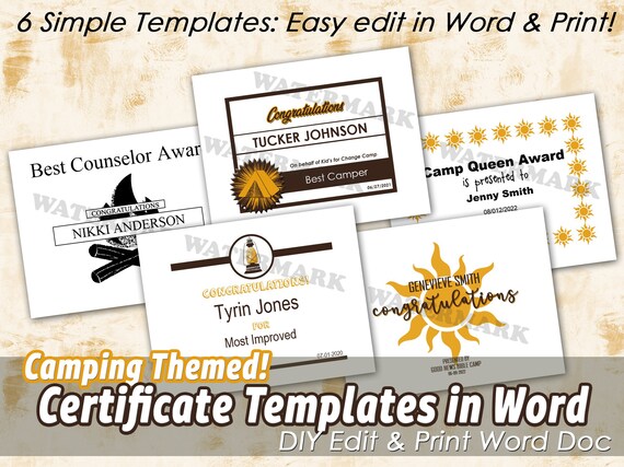 Camping Summer Themed Certificate Award Word Doc Templates | Etsy