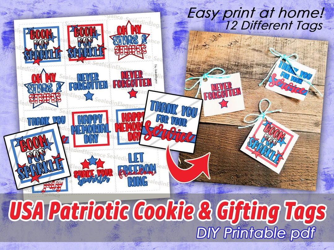 Printable Patriotic Cookie Tags, 2.5" Square Cookie Tags, Independence ...